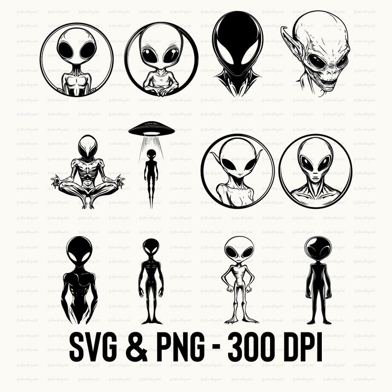 Alien Silhouette Bundle Svg, Alien Svg Vector Set, Alien Clipart Png ...