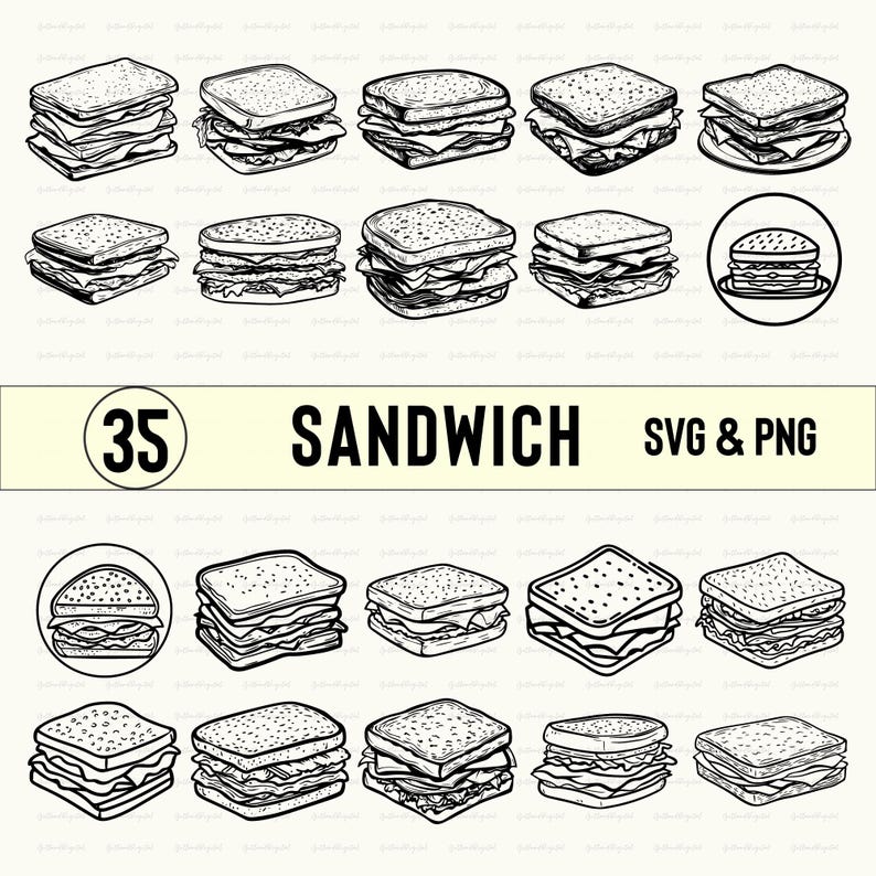 Sandwich Clipart: Food Outline Icon Set (SVG, PNG) - Etsy