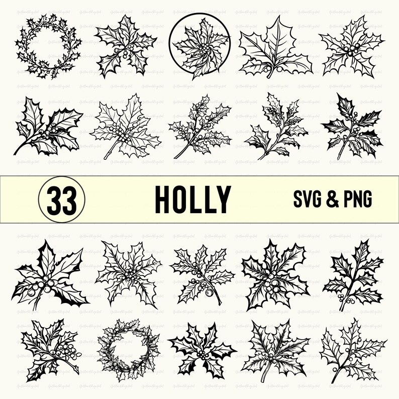 Holly SVG PNG Bundle: Christmas Clipart, Silhouette Cut Files (digital ...