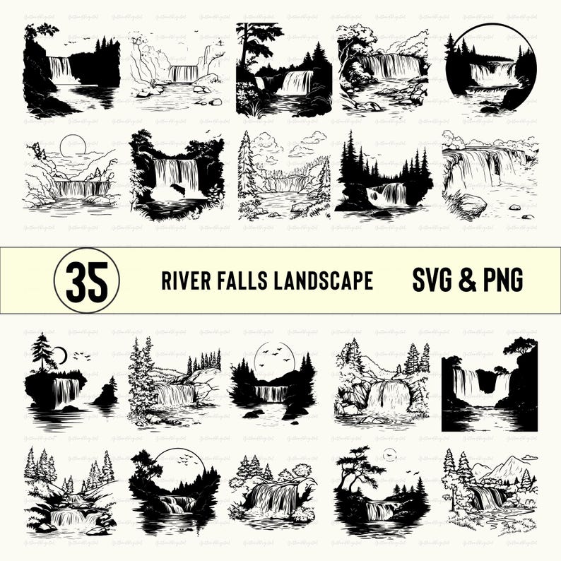 River Falls Landscape Clipart: SVG, PNG, Silhouette Vector (decal ...