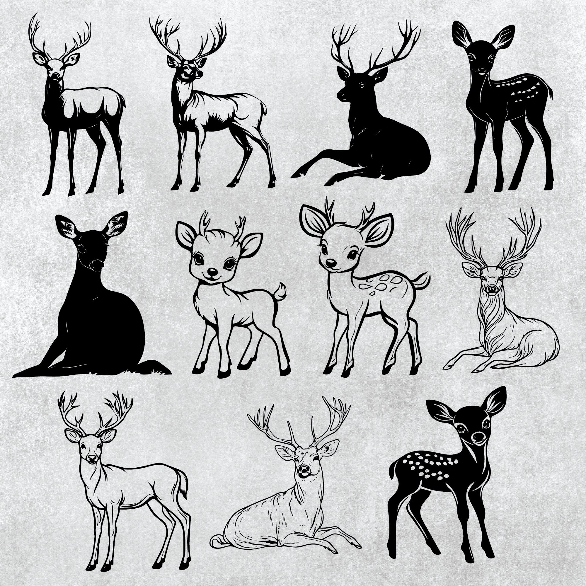 Deer Silhouette Bundle Svg, Deer Svg Vector Set, Deer Clipart Png, Deer ...