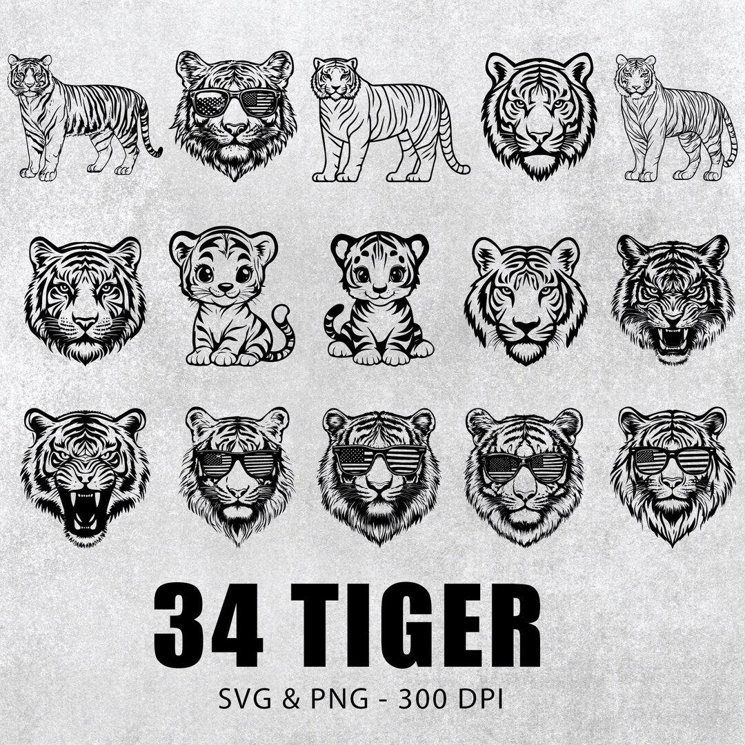 Tiger Svg Bundle, Tiger Silhouette Set, Tiger Clipart, Tiger Decal, Tiger Png, Tiger Logo, Tiger ...