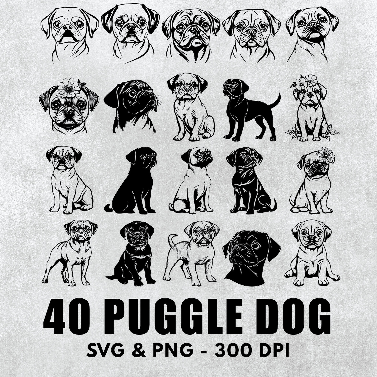 Puggle Silhouette Bundle, Puggle Vector, Puggle Clipart Vector, Puggle ...