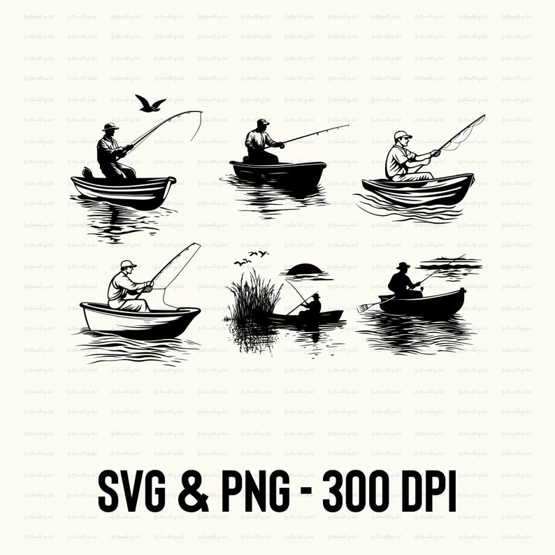 Fisherman in Boat SVG PNG Bundle: Silhouette Vector Art - Etsy
