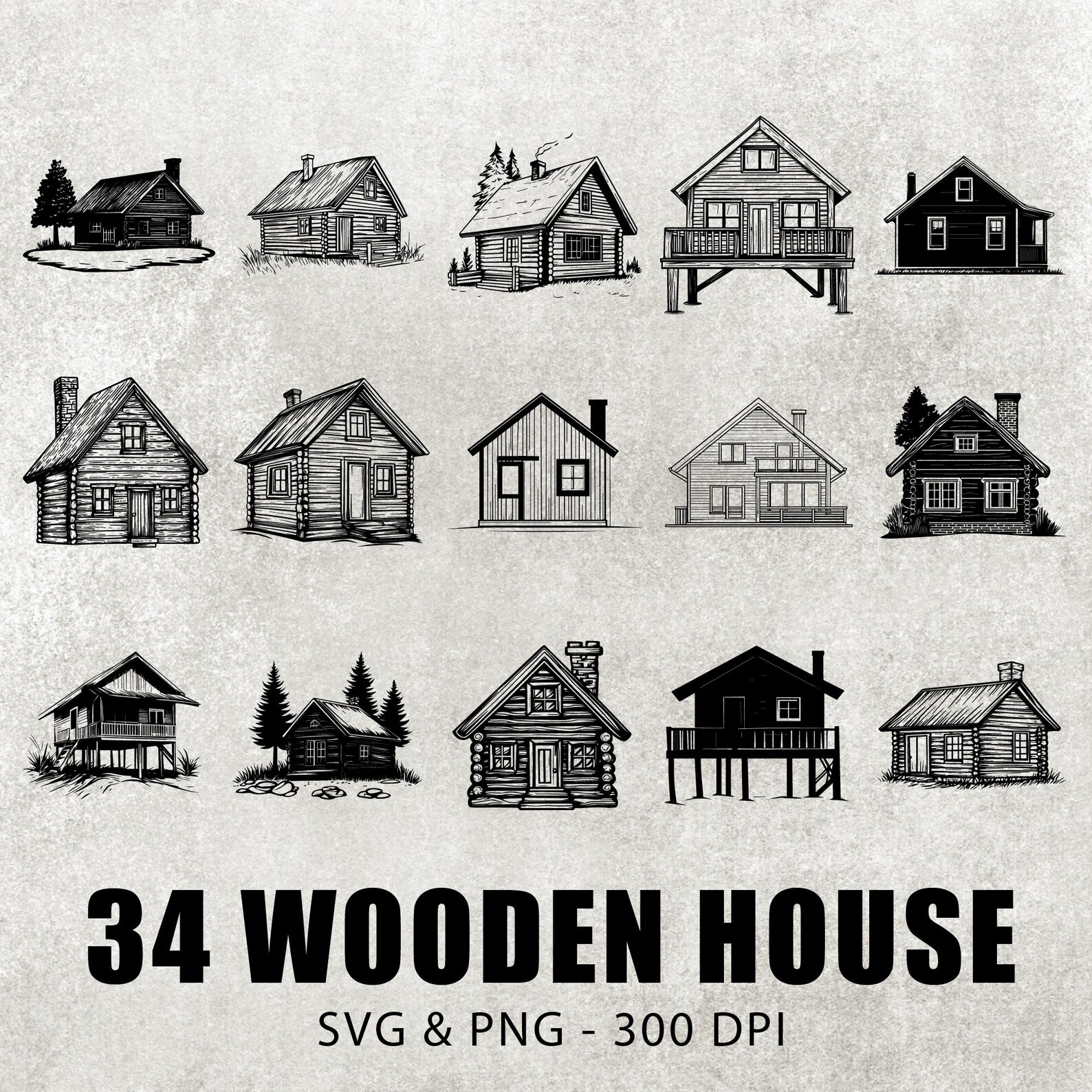 Wooden House SVG Bundle: Silhouette Clipart, Vector Decal (PNG) - Etsy