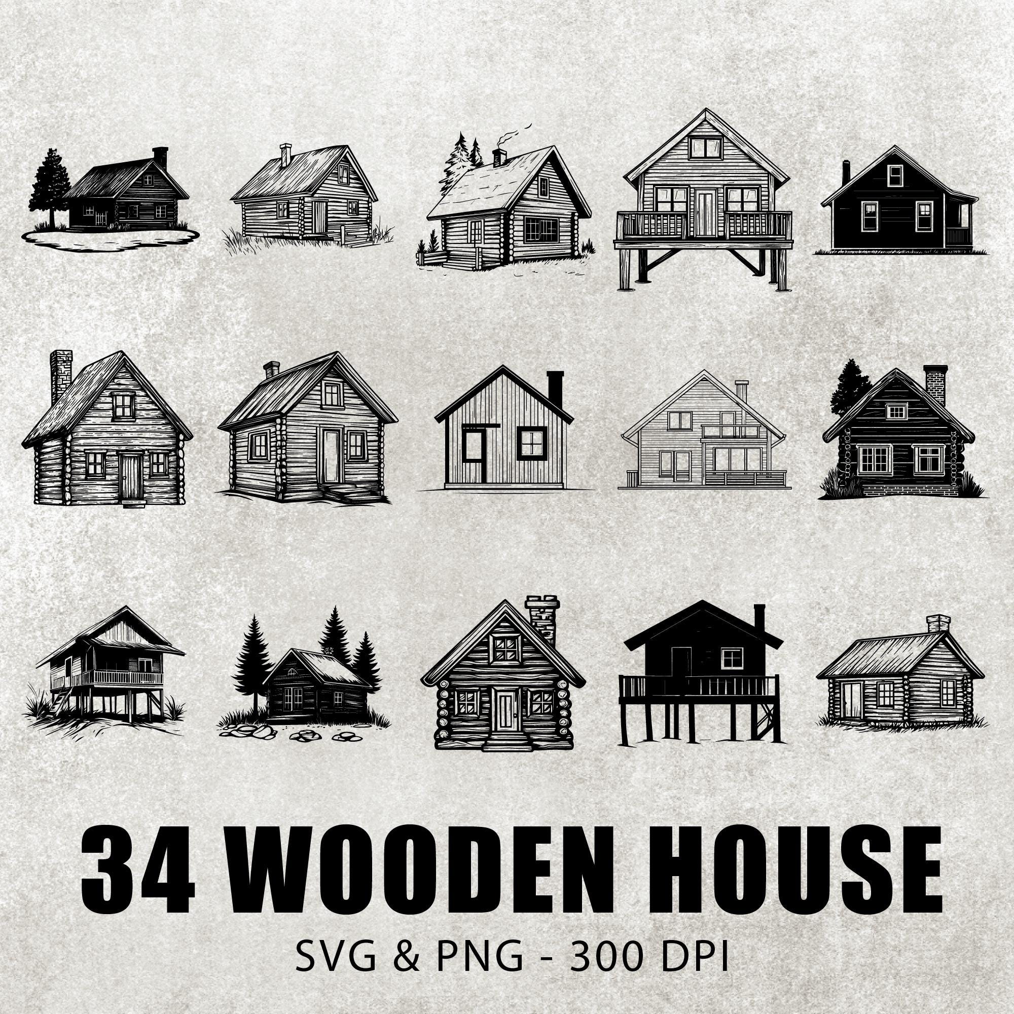Wooden House SVG Bundle: Silhouette Clipart, Vector Decal (PNG) - Etsy