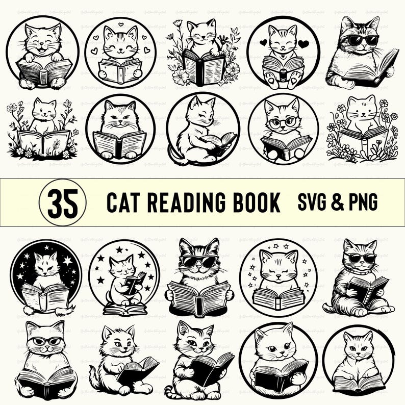 Cat Reading Book SVG PNG Bundle: Silhouette Clipart, Vector Art - Etsy