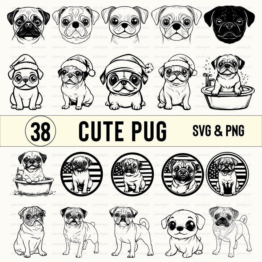 Cute Pug Svg Bundle, Cute Pug Silhouette Png, Cute Pug Clipart, Cute ...