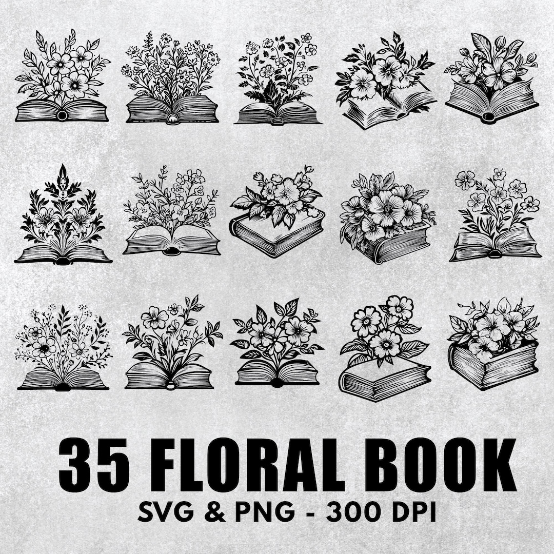 Floral Book SVG PNG Bundle: Flower Book Clipart, Vector Decal - Etsy