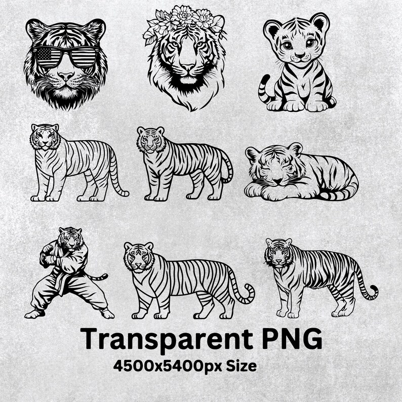 Tiger Svg Bundle, Tiger Silhouette Set, Tiger Clipart, Tiger Decal ...