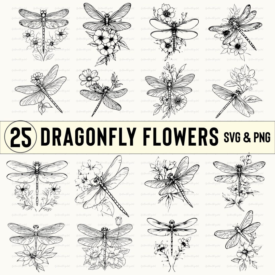 Dragonfly Flowers SVG Bundle: Floral Silhouette Clipart (PNG) - Etsy