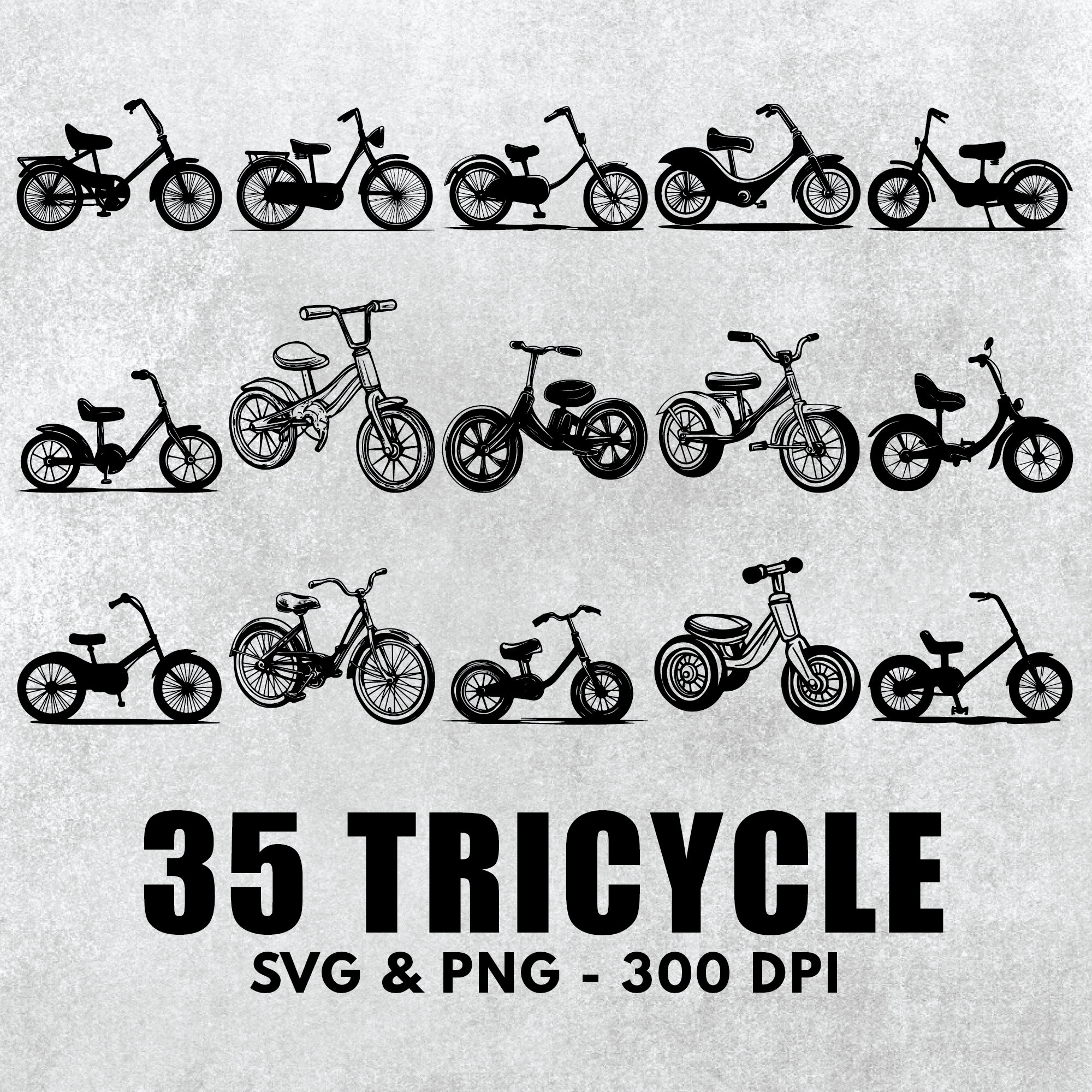 Tricycle SVG Bundle: Silhouette Clipart, Vector Decal (PNG, 300 DPI) - Etsy