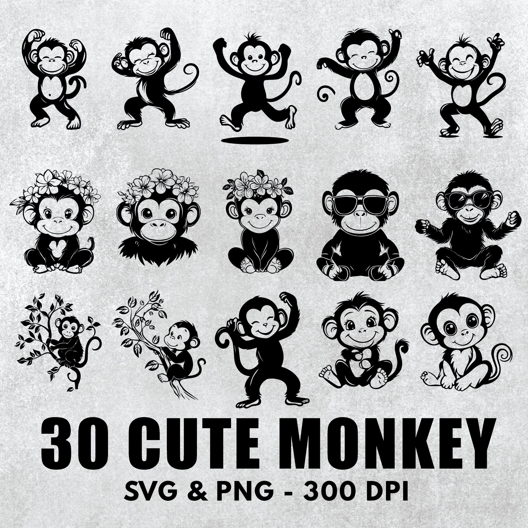 Cute Monkey Svg Bundle, Cute Monkey Silhouette, Cute Monkey Clipart ...
