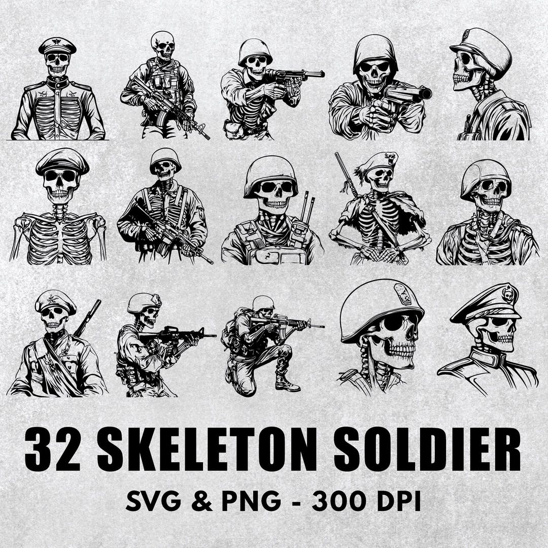 Skeleton Soldier Silhouette Bundle, Skeleton Soldier Vector Set ...