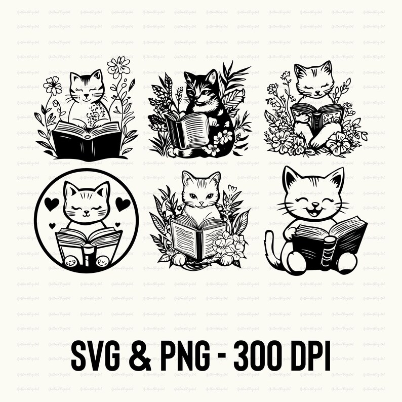 Cat Reading Book Svg PNG Bundle, Cat Reading Book Silhouette, Book ...