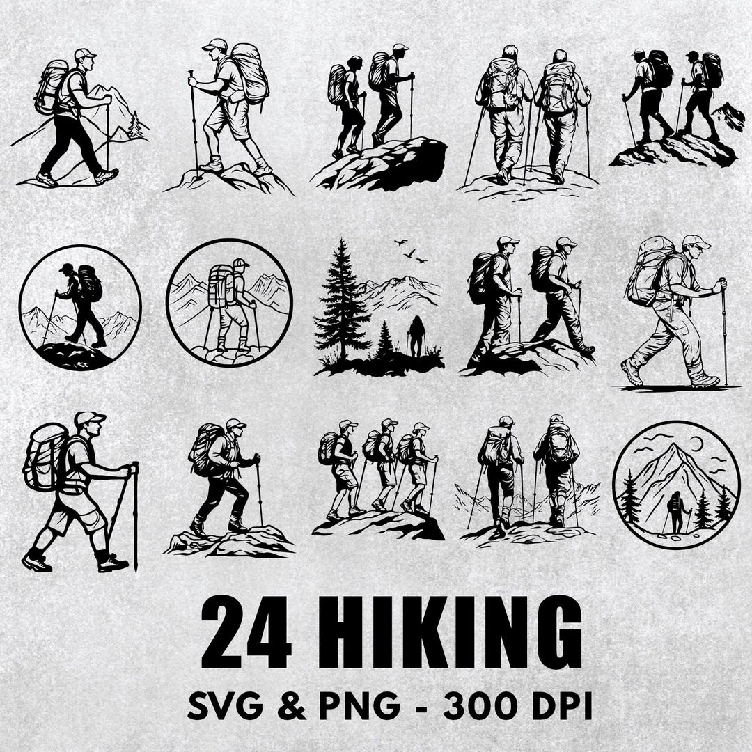 Hiking Svg Bundle, Hiking Silhouette Set, Hiking Clipart, Hiking Decal ...