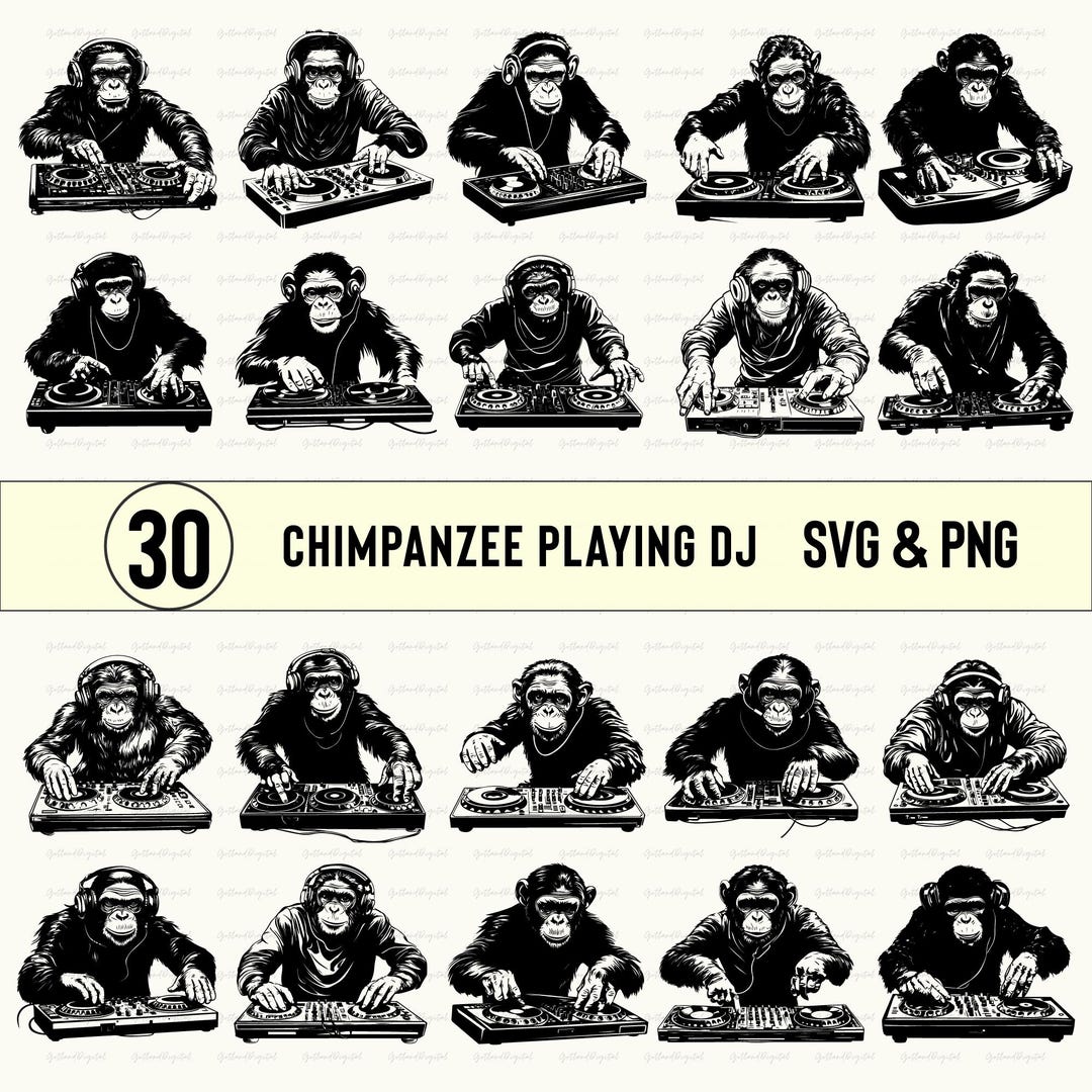 Chimpanzee Playing Dj Svg Png, Chimpanzee Playing Dj Clipart, Monkey DJ ...