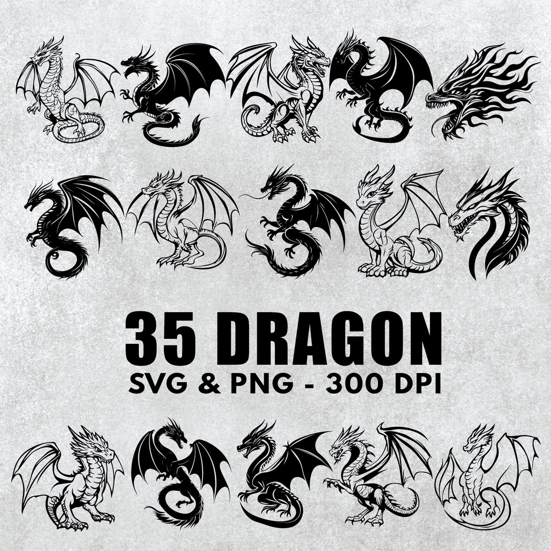 Dragon Silhouette Bundle Svg, Dragon Svg Vector Set, Dragon Clipart Png ...