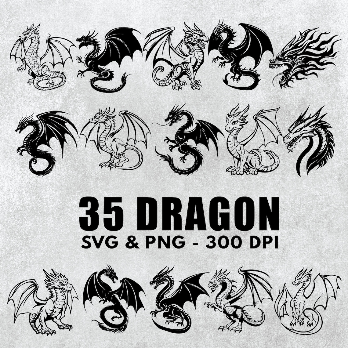 Dragon Silhouette Bundle Svg, Dragon Svg Vector Set, Dragon Clipart Png ...