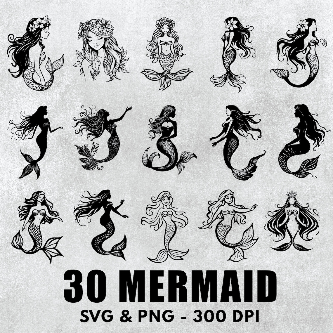 Mermaid SVG Bundle: Silhouette Clipart, Vector PNG (300 DPI) - Etsy