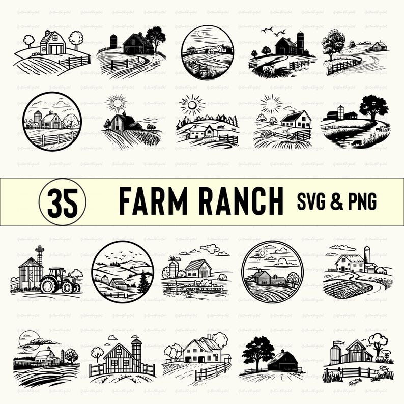 Farm Ranch SVG PNG Bundle: Countryside Clipart, Silhouette Vector Art ...