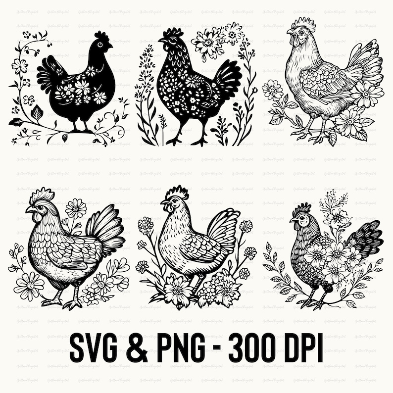 Floral Chicken SVG Bundle: Silhouette Clipart, Cricut Decal Files - Etsy