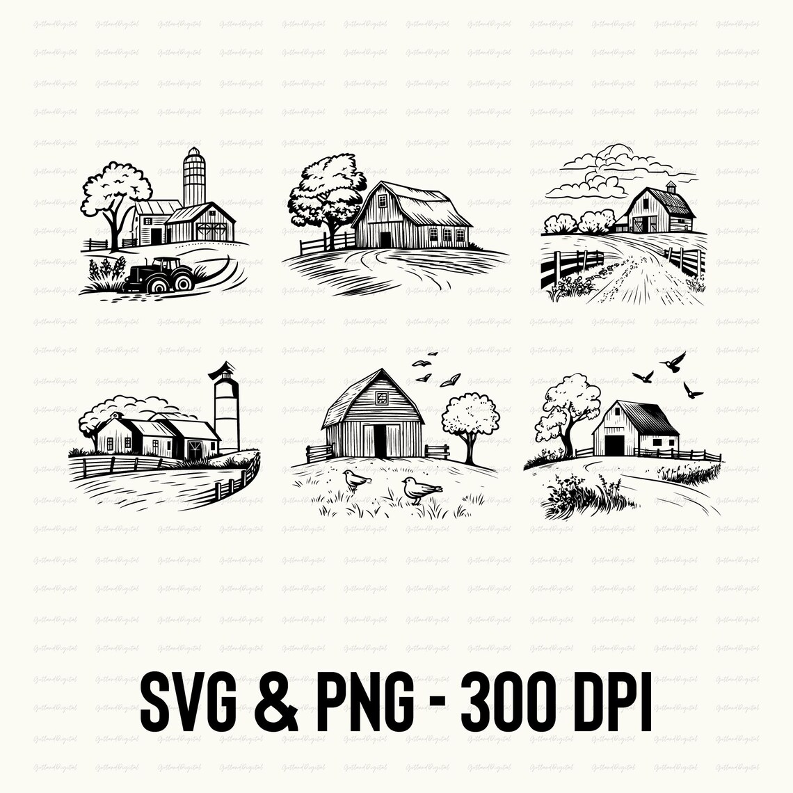 Farm Barn Landscape SVG PNG Bundle: Silhouette Clipart (digital ...
