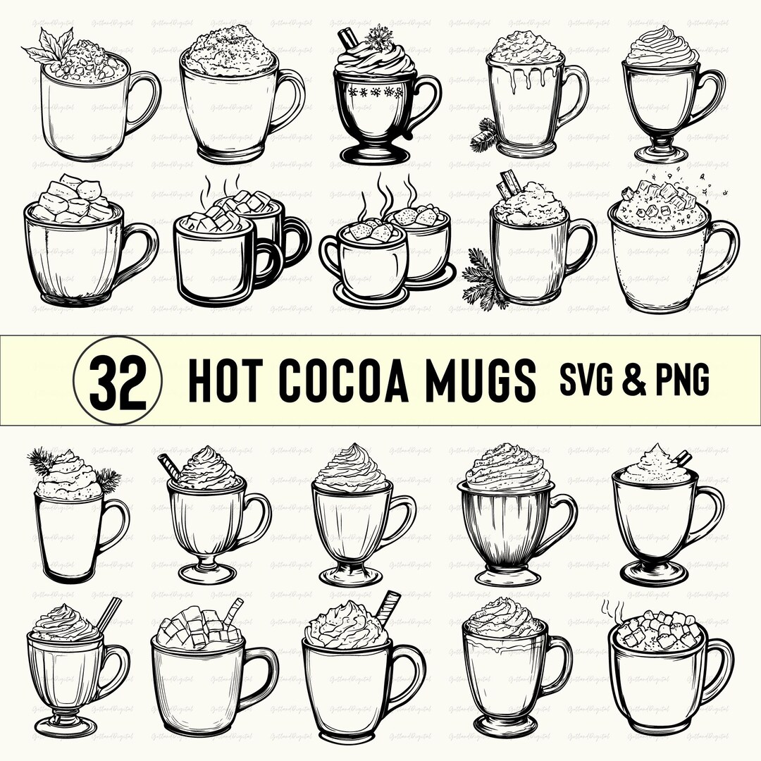 Hot Cocoa Mugs Svg Png, Hot Cocoa Mug Clipart, Silhouette, Hot Cocoa ...