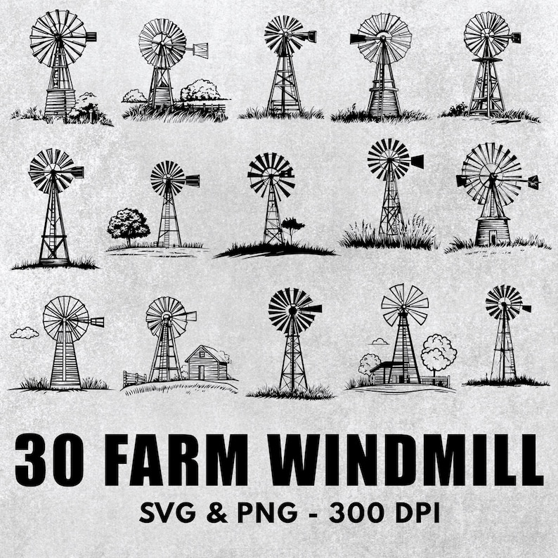 Farm Windmill SVG Bundle: Silhouette Clipart, Logo Files (PNG) - Etsy