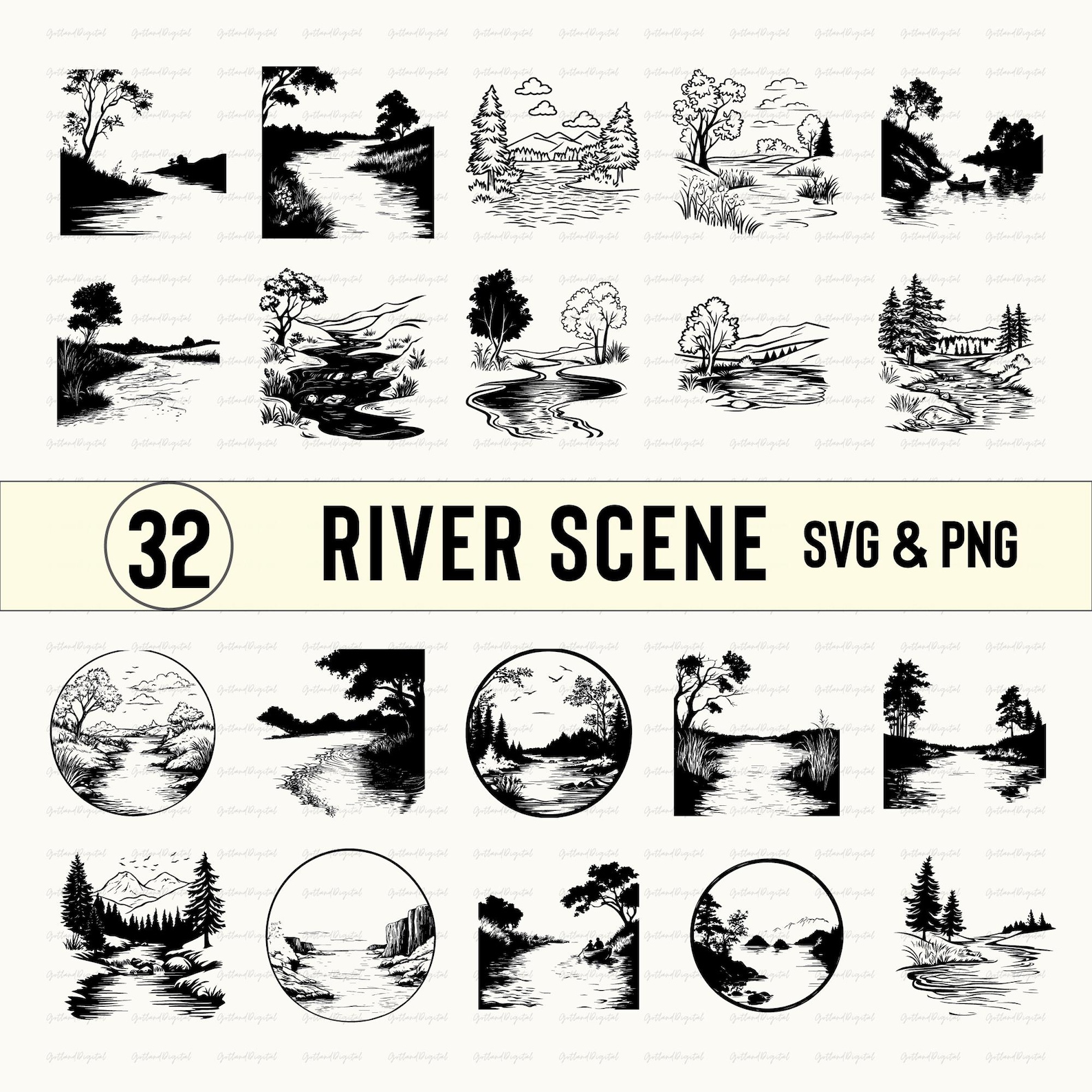 River Scene Svg Bundle, River Scene Silhouette, River Scene Clipart ...