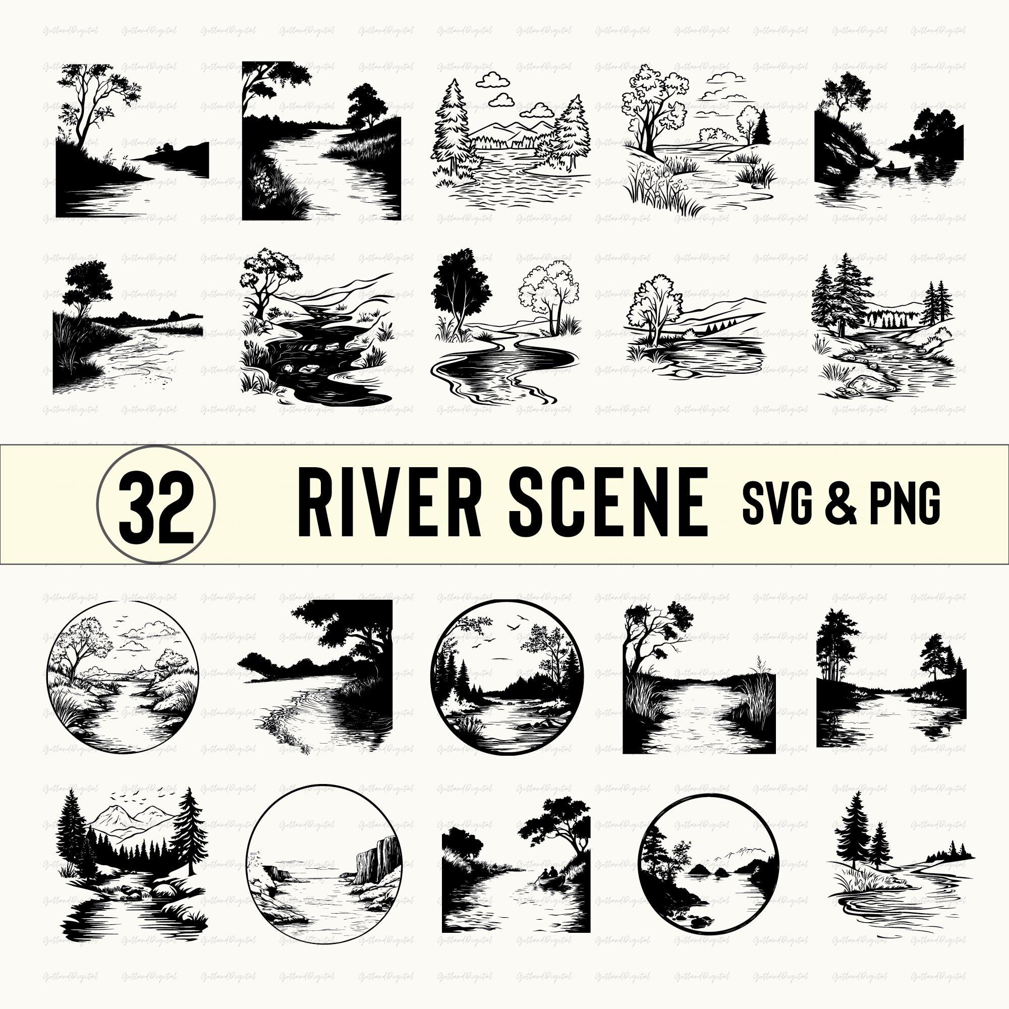 River Scene Svg Bundle, River Scene Silhouette, River Scene Clipart ...