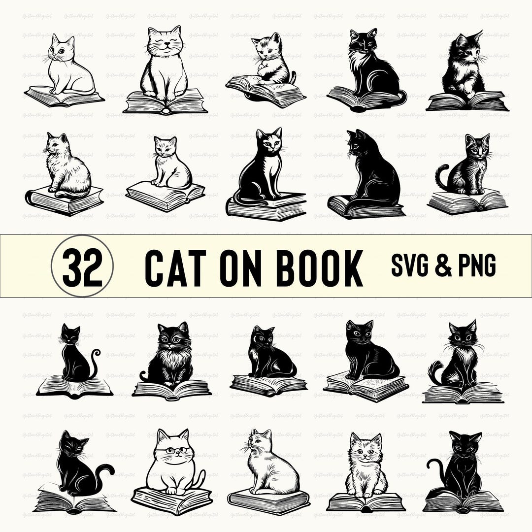 Cat on Book SVG Bundle: Silhouette Clipart, Cricut Cut Files - Etsy