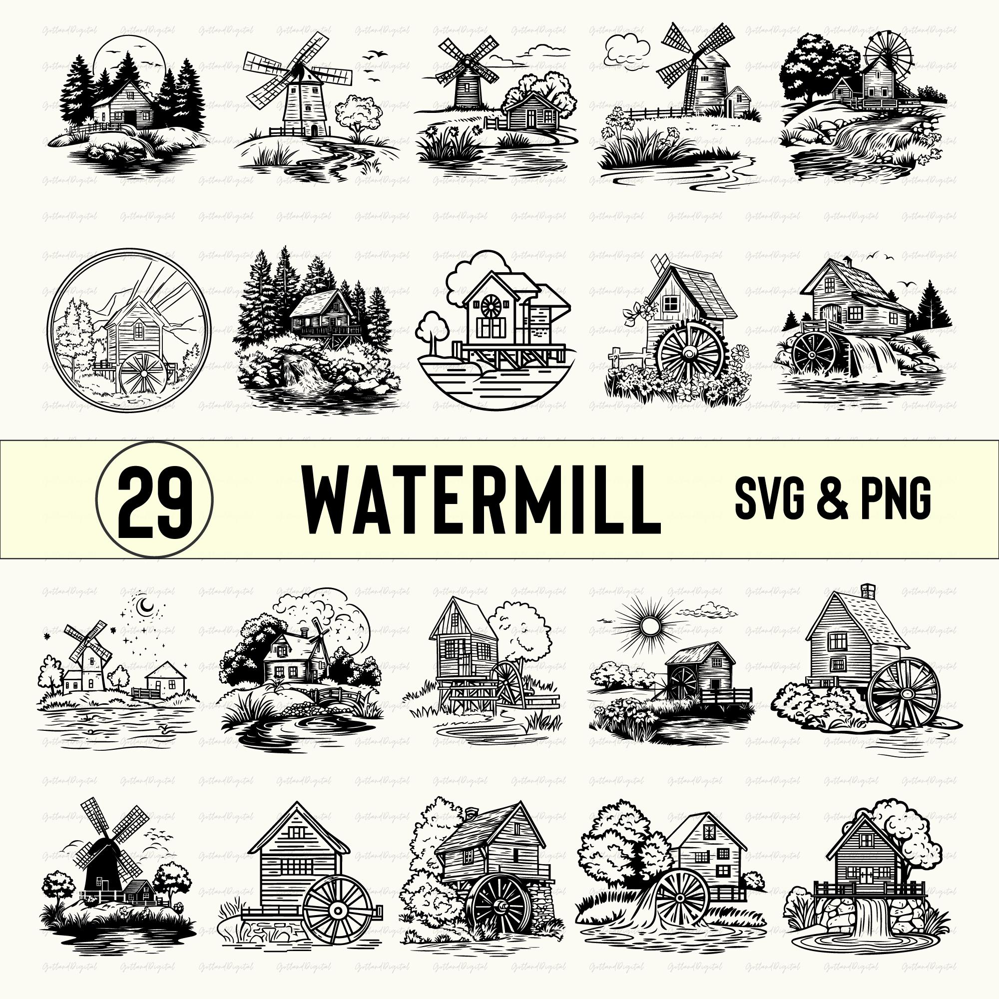 Watermill Svg Png, Watermill Clipart, Watermill Silhouette, Watermill ...