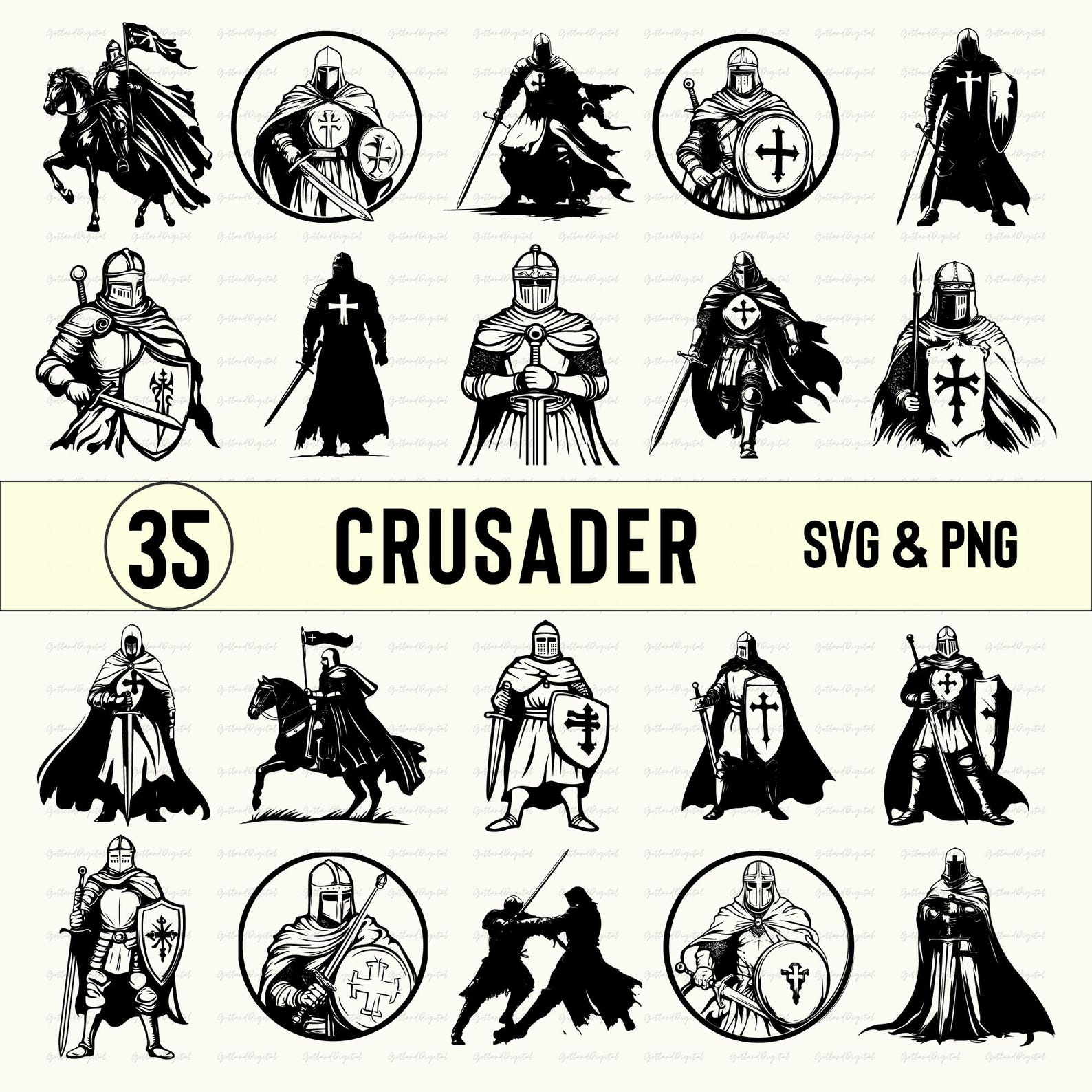 Crusader Clipart: Silhouette Vector Cut Files (SVG, PNG) - Etsy