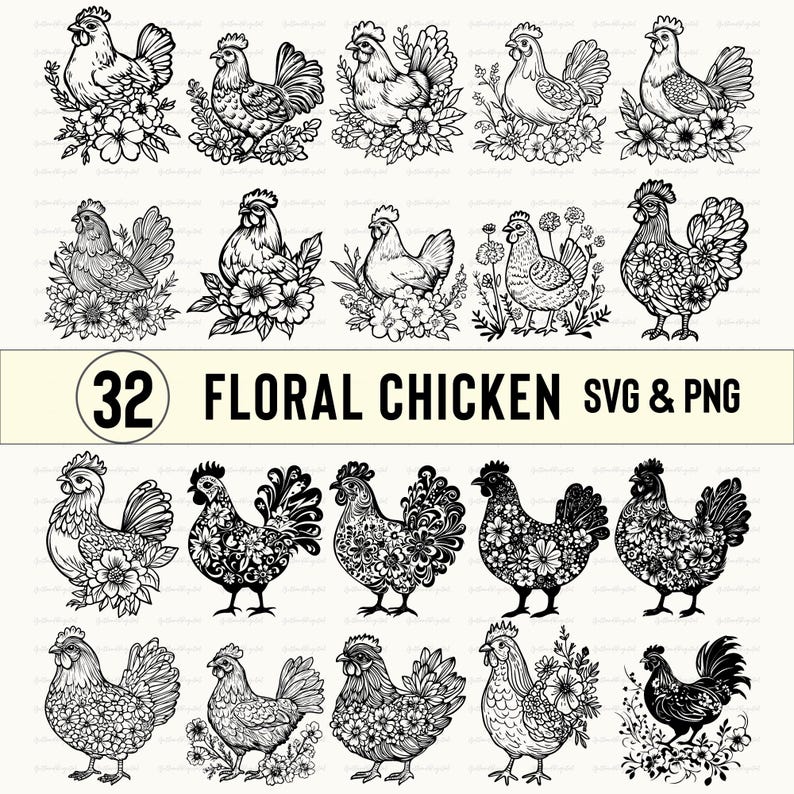 Floral Chicken SVG Bundle: Silhouette Clipart, Cricut Decal Files - Etsy