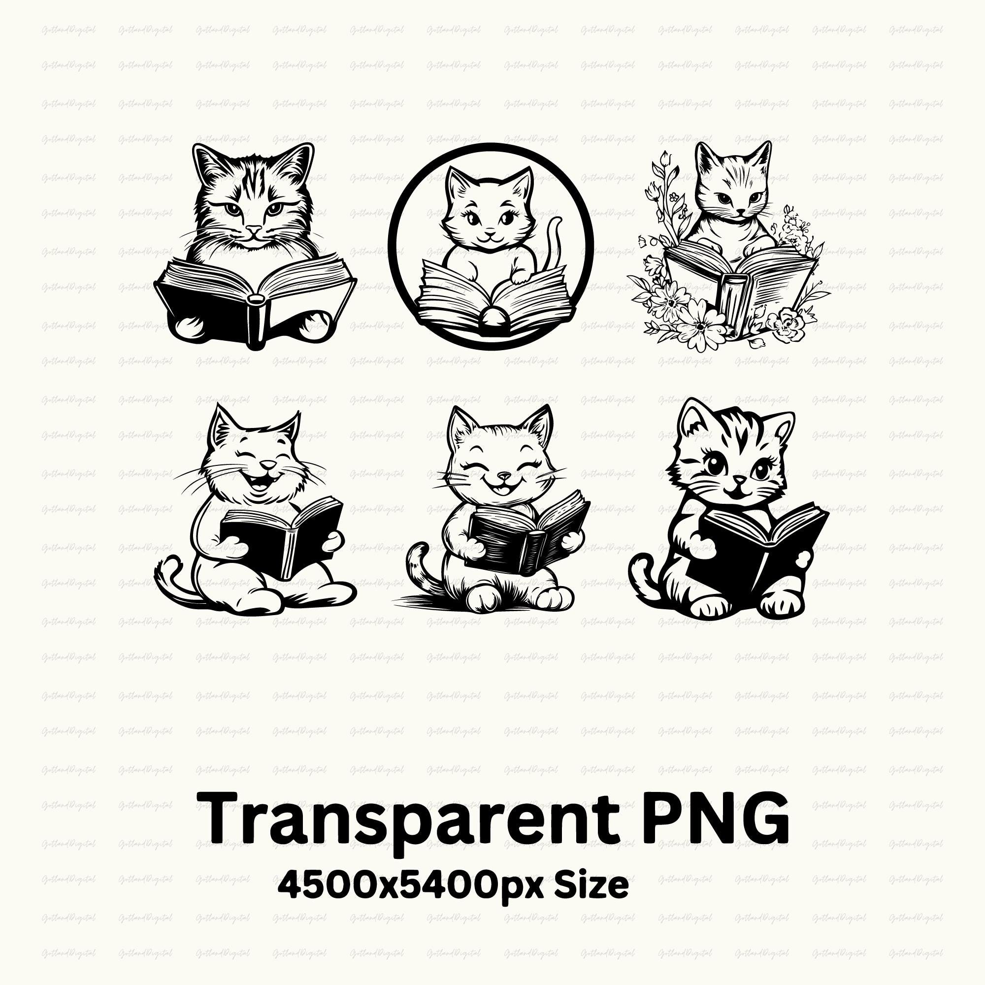 Cat Reading Book SVG PNG Bundle: Silhouette Clipart, Vector Art - Etsy