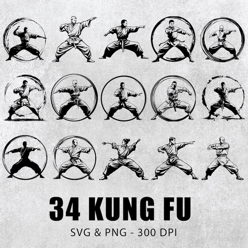 Kung Fu Silhouette SVG PNG Bundle: Martial Arts Clipart (digital ...