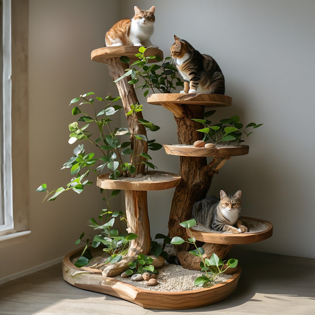 Natural Wood Cat Tree Tower, Wooden Cat Tower, Cat Furniture, Cat ...