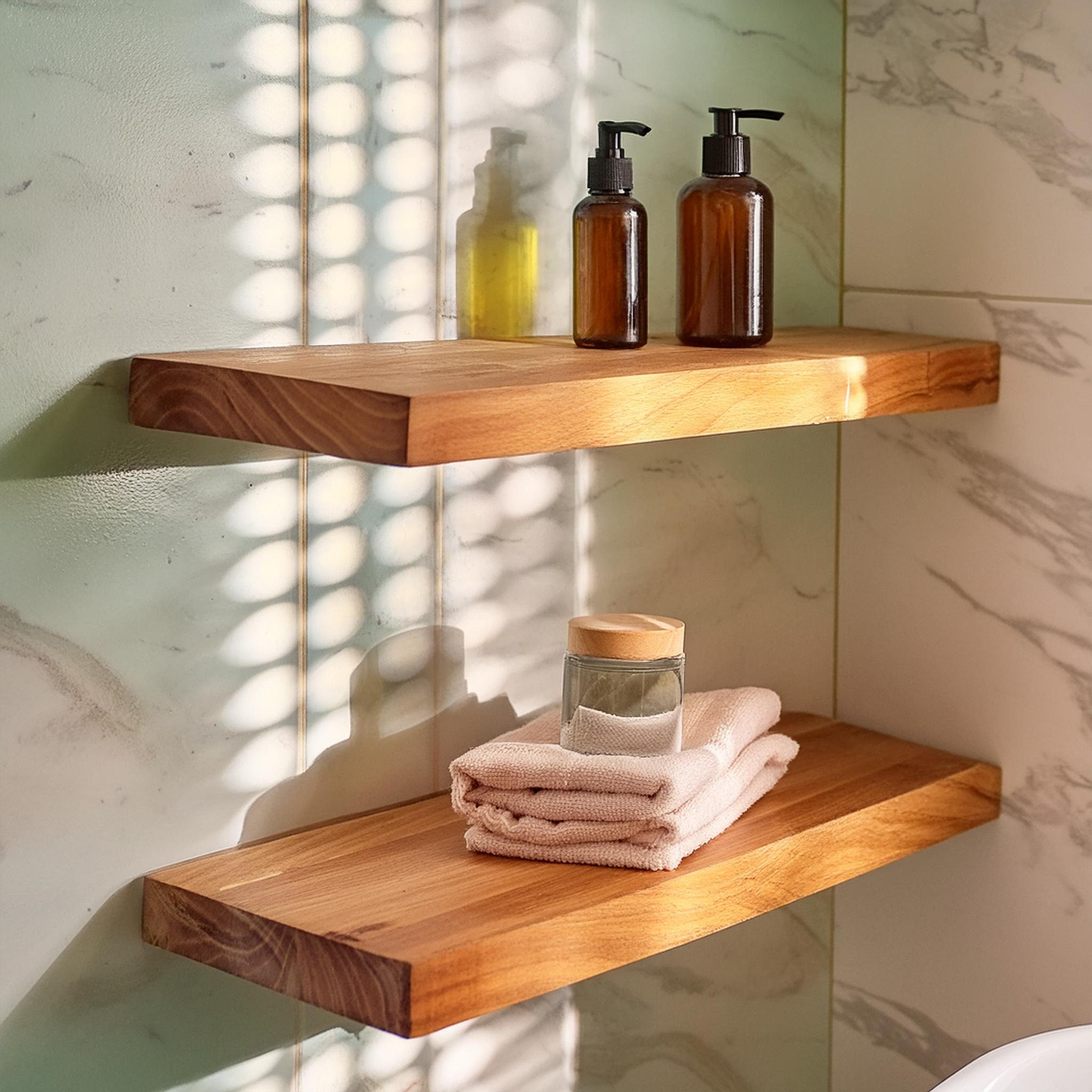Floating Square Shelf for Bathroom, Natural Wood Shelf, Live Edge, Home ...