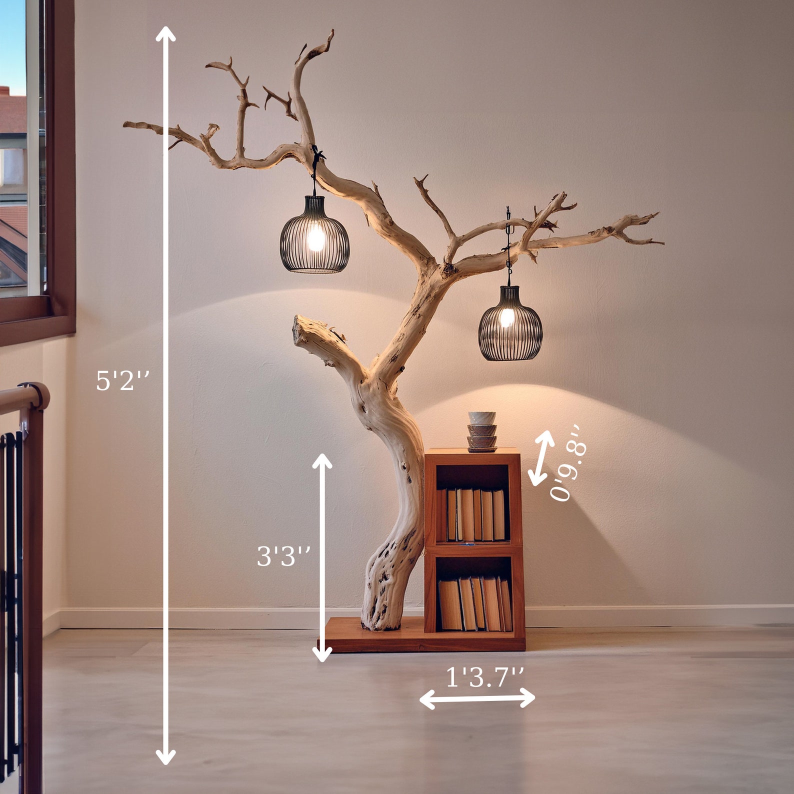 Tree Branch Bookshelf Decor With Hanging Lamps, Rustic Bookcase, Branch ...