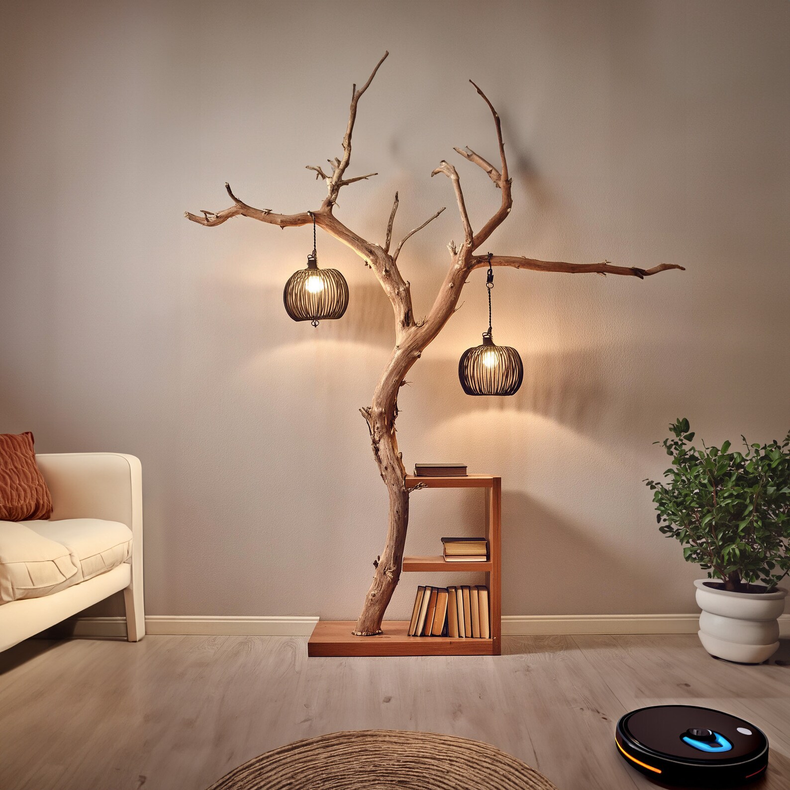 Tree Branch Bookshelf Decor With Hanging Lamps, Rustic Bookcase, Branch ...