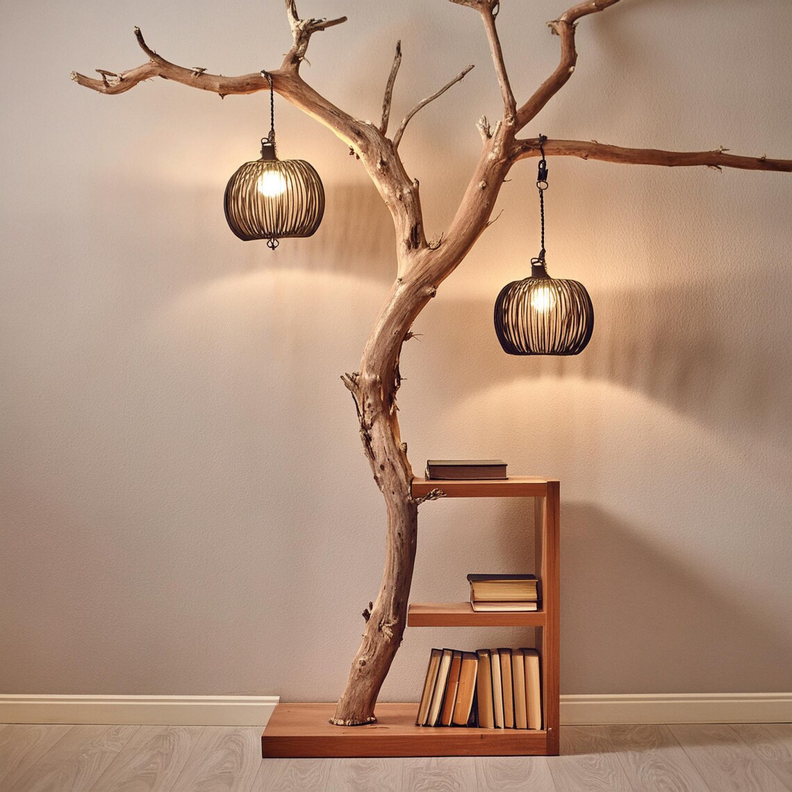 Tree Branch Bookshelf Decor With Hanging Lamps, Rustic Bookcase, Branch ...