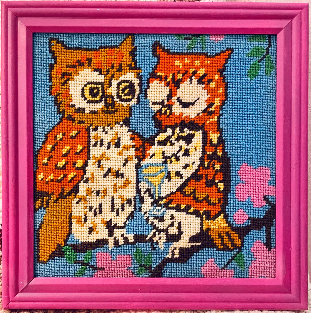 70s Groovy Owl Framed Needlepoint Martini Bright Colors Pink Blue Owl ...