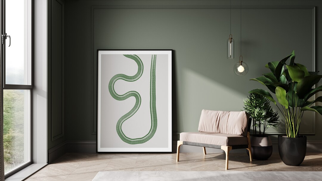Minimalist Line Print-green Line Work Neutral Background-abstract ...