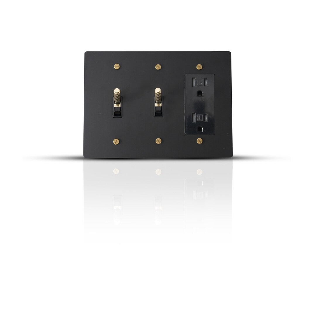 Sleek Double Toggle Switch and Power Outlet Cover - Matte Black With ...