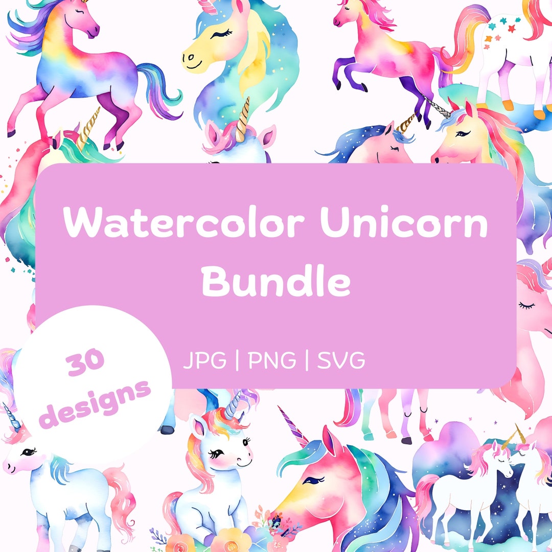 Watercolor Unicorn Clipart Bundle: Rainbow Unicorn JPG, PNG, SVG ...