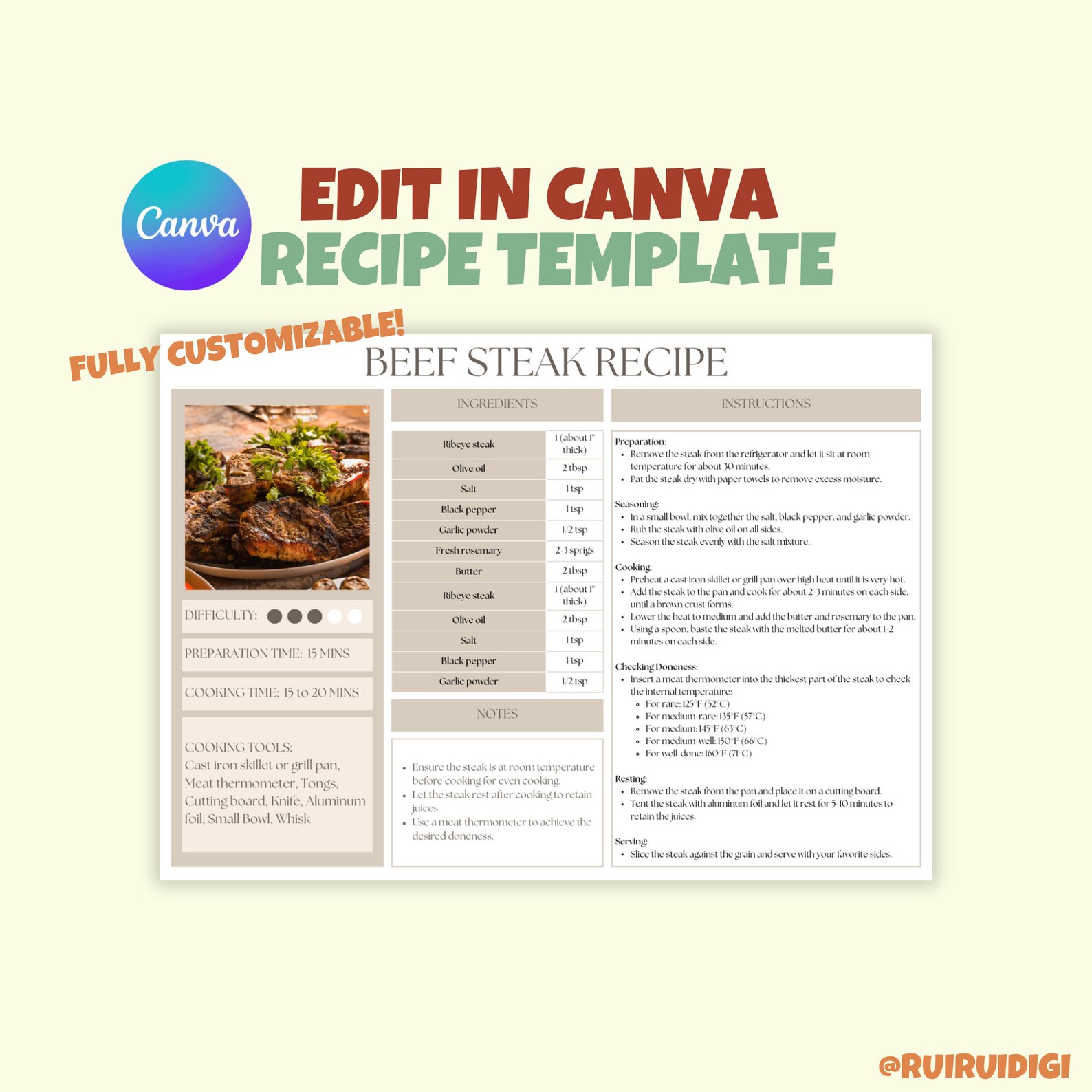 EDITABLE Recipe Template / Canva Recipe Template / Editable Cooking ...