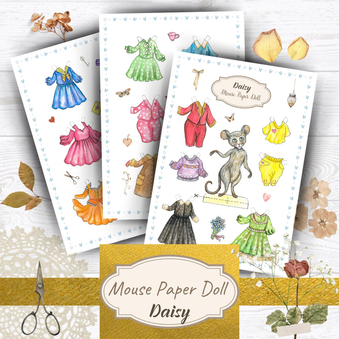 Mouse Paper Doll, Hand Painted Doll, Watercolor Doll, Paper Doll ...