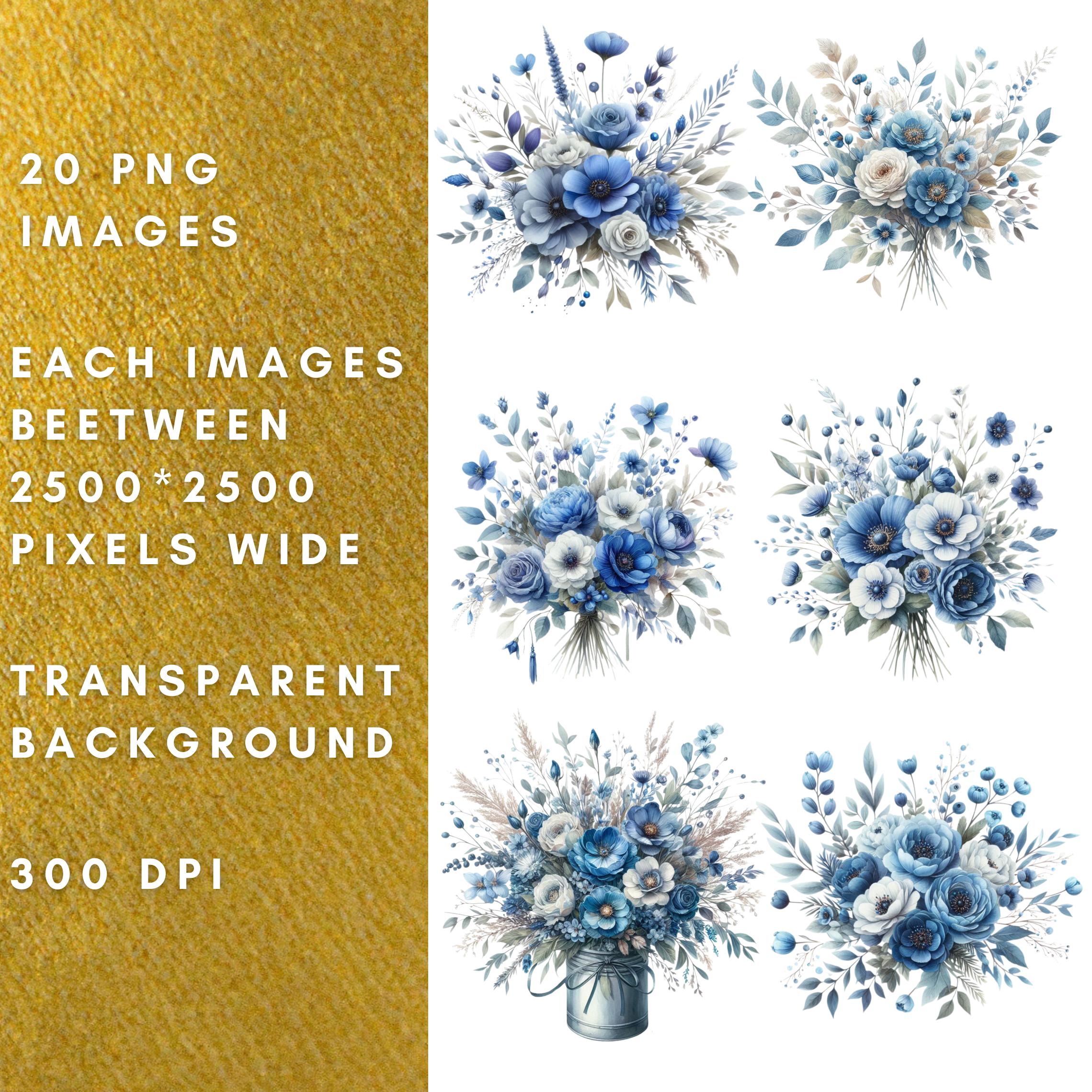 20 Vintage Blue Bouquets Clipart, Blue Boho Flowers Clipart, High ...