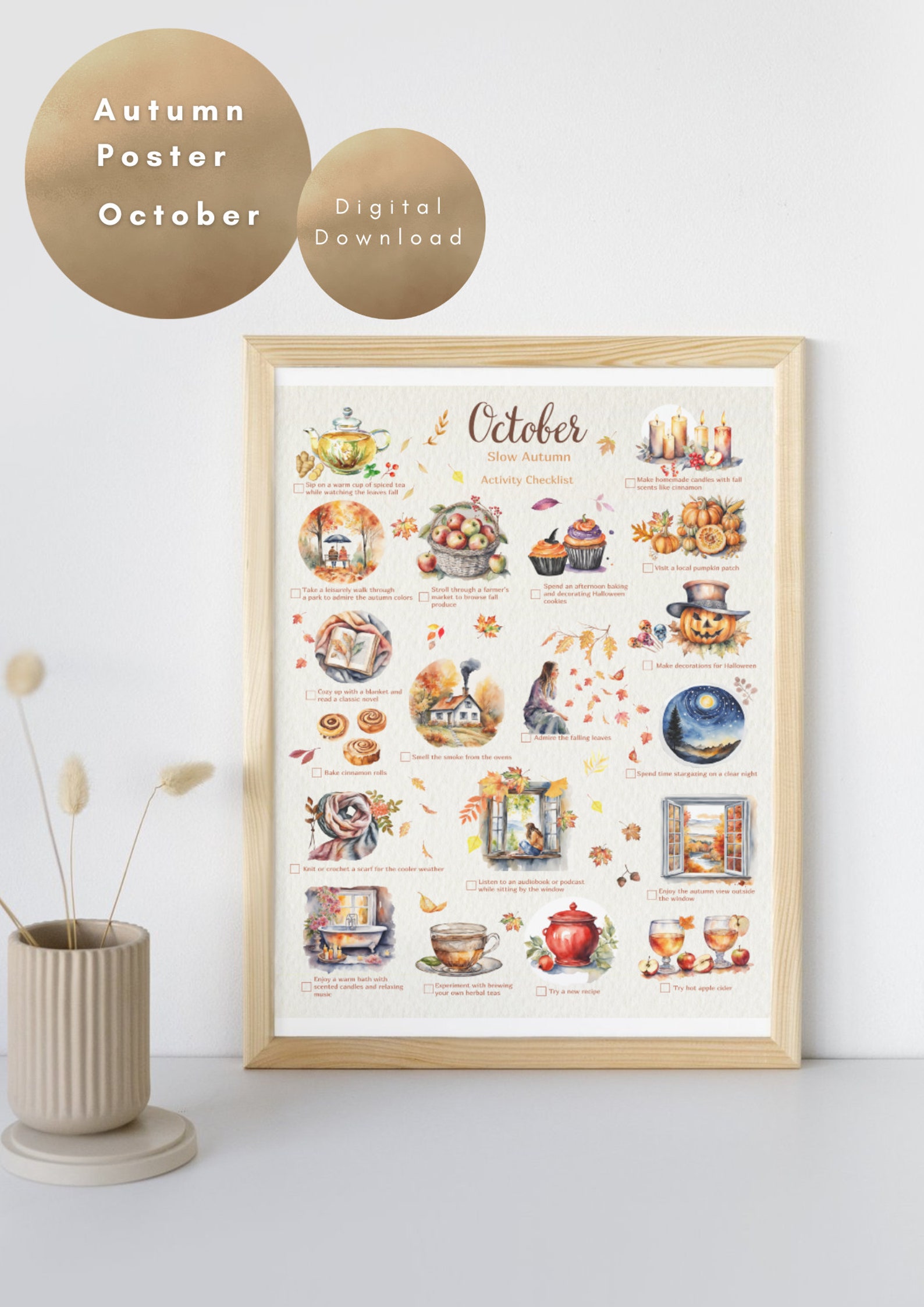 Autumn Poster October Pumpkin Fall Print Slow Autumn Artwork Home Decor ...